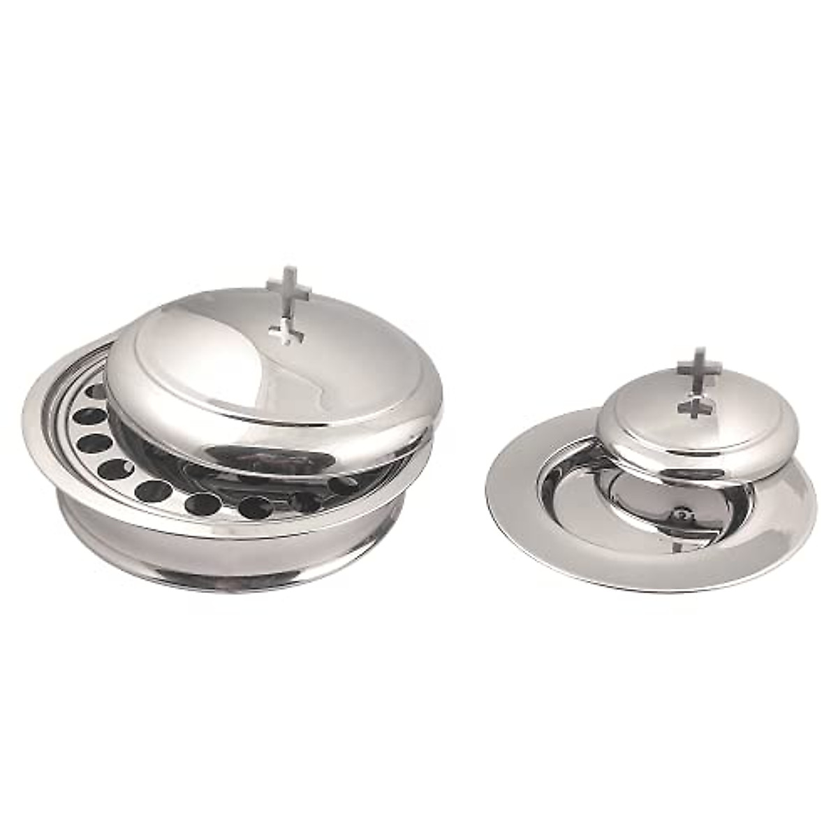 Communion Ware Holy Wine Serving Tray with A Lid & A Stacking Bread Plate with A Lid - Stainless Steel (Mirror/Silver)