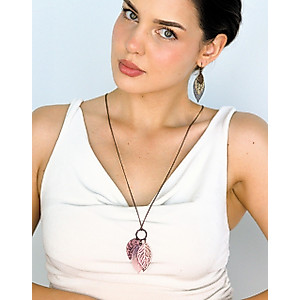 POMINA Chocolate Gold Silver Two Tone Filigree Fall Leaf Necklace Fashion Statement Chic Sweater Chain Long Necklace for Women (Worn Choco Gold)