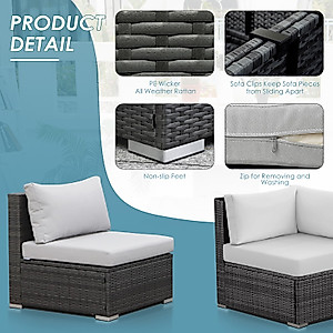 RADIATA PE Wicker Patio Furniture Set Sectional High Back Large Size Sofa Sets with Propane Fire Pit Table 55000 BTU Balcony Rattan Lounge Conversation Sets for Outdoor (17 Pieces,Light Gray)