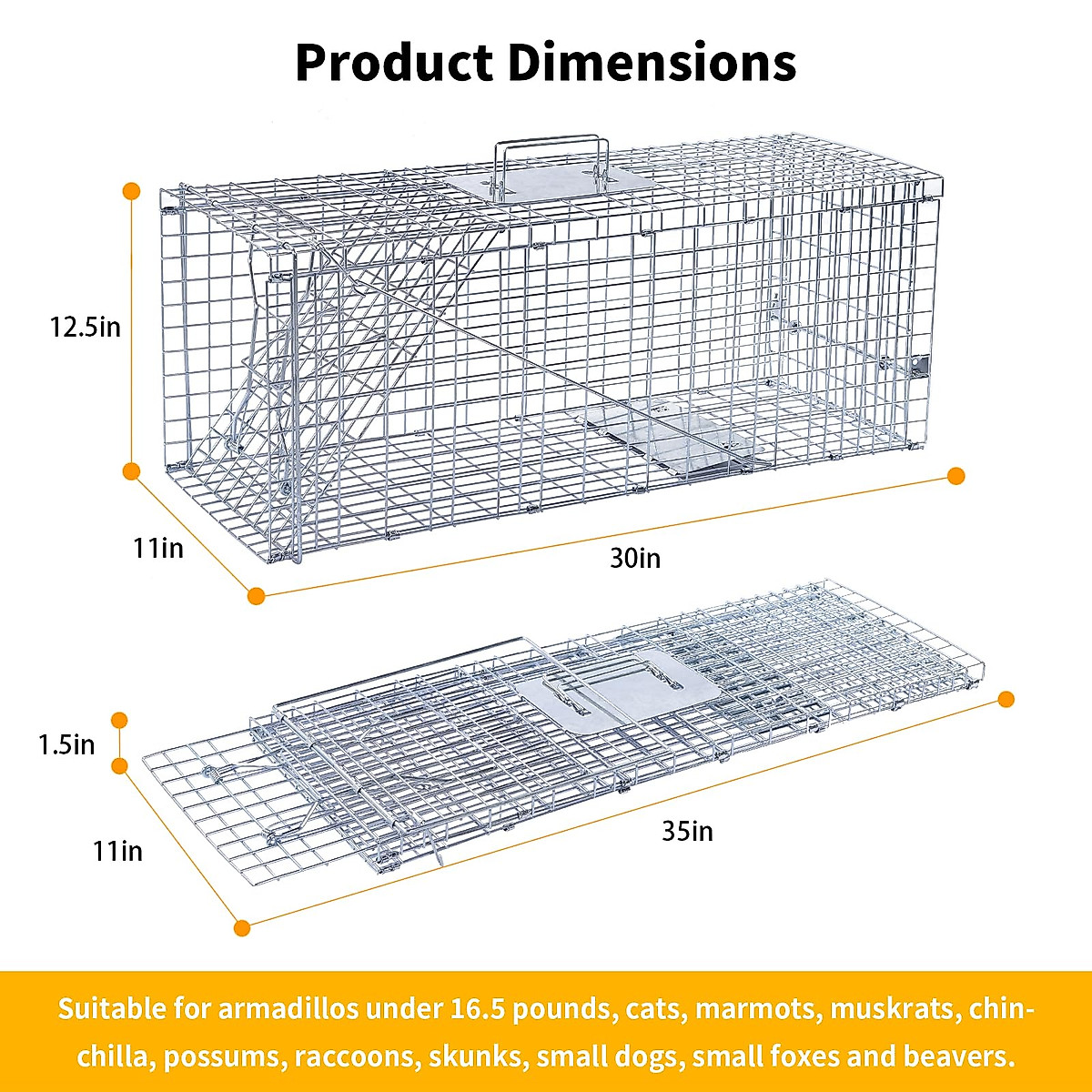 32" Live Animal Traps,Humane Animal Trap for Stray Cats up to 16.5 pounds, Raccoons, Squirrel, Skunk, Mole, Groundhog, Armadillo, Rabbit,Steel Foldable with Pedal Triggers