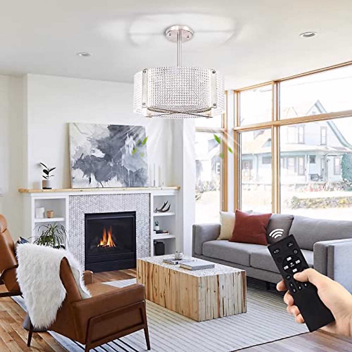 Zhizenl Ceiling Fans with Lights, Crystal Modern Flush Mount Ceiling Fan with Remote Control, Dimmable LED 6 Wind Speeds Low Profile Caged Ceiling Fan with Light for Bedroom Living Room