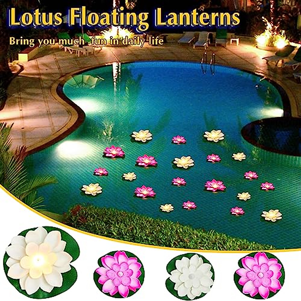 24 Pcs Floating Pool Lights Lotus Floating Lanterns Lifelike Artificial Floating Flowers for Pool with LED Lights Battery Operated Lily Pads Water Lantern for Decor (White, Pink, 3.94 Inch, 5.91 Inch)