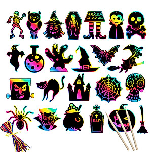 Mocossmy Halloween Magic Scratch Cards,24PCS Skeleton Spider Witch Pumpkin Rainbow Scratch Paper Scratch Art Crafts & Scratch Sticks & Ribbons Set for Kids St Patrick's Day Party Favor Supplies Games