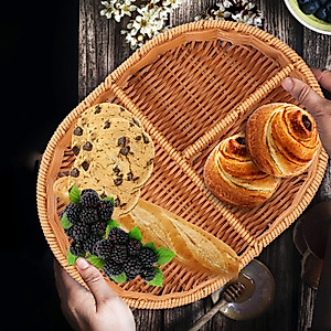 DOITOOL Rattan Serving Tray 3 Compartments Wicker Fruit Bread Basket Woven Ottoman Tray Rustic Cupcake Snack Candy Serving Platter for Appetizer Vegetable Storage