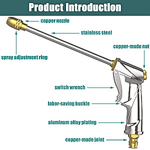 Upgrade Long Rod Garden Hose Nozzle High Pressure 360° Rotaing Brass Metal Water Adjustmen Sprayer Gun for Car Washing, Plants and Lawn, Patio Gardening, Pets Shower (Hose Nozzle + Quick Connector)