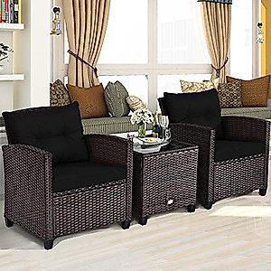 RELAX4LIFE 3 Piece Patio Furniture Set, Wicker Bistro Conversation Set w/ 2 Cushioned Armchairs & Glass Topped Table, Outdoor Rattan Sofa Set Patio Furniture for Porch Balcony Poolside (Black)