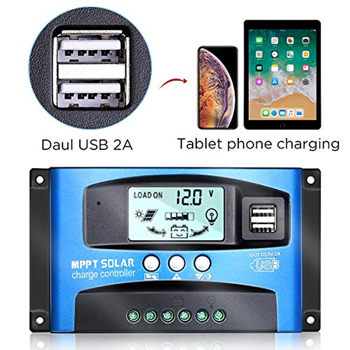 iSunergy MPPT Solar Charge Controller 30A 12V/24V Auto Solar Panel Intelligent Regulator with Dual USB Port LCD Display for Lead Acid Batteries