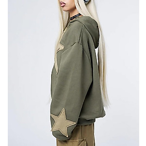 Cbsdezanos Womens Y2k Star Graphic Zip Up Hoodie Long Sleeve Oversized Sweatshirt Punk Goth Jacket Aesthetic Harajuku Streetwear (Star hoodie Green, S)