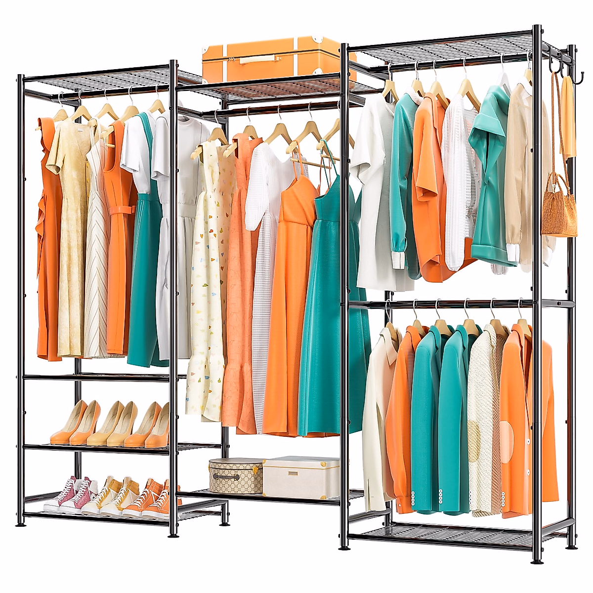 Neatrays Wardrobe Closet Heavy Duty Clothes Rack, Portable Closet Organizer System with 4 Hang Rods & 8 Shelves, Metal Clothing Rack Garment Rack for Hanging Clothes, Max Load 890 LBS