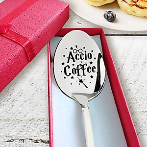 PZJIEAN Accio Coffee Funny Engraved Stainless Steel Spoon, Best Coffee Spoon Ice Cream Spoon Gifts for Coffee Lovers Book Lover Bookworm Friends Harry Potter Fan Birthday, Valentine, Christmas Gift