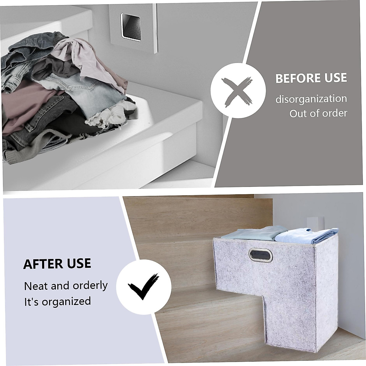 XUEYEGONGJI Stair Basket, Foldable Felt Stair Basket 16.5x16.5x10in, Stairlift Basket for Wooden Stairs, Grey L-Shaped Staircase Organiser, Step Storage for Stairs, Minimalist Stair Baskets