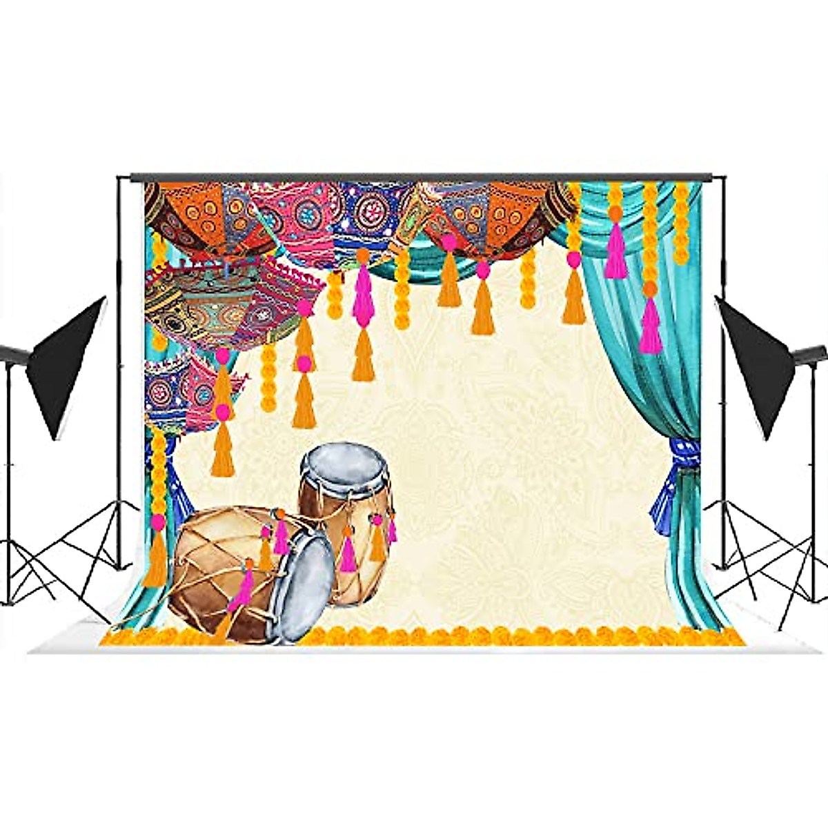 Lofaris India Traditional Wedding Backdrop for Photography Yellow Flower Curtain Background for Hindu Indian Wedding Decor Marigold Puja Ganpati Wedding Photo Booth Props 7x5ft