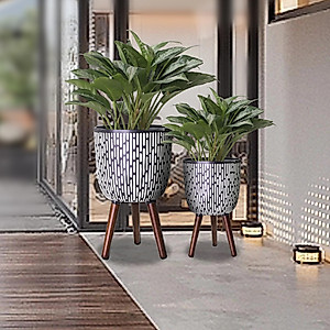 Opnons Plant Pot with Stand 2pcs 10 & 12 inches, Mid-Century Tall Planter with Legs for Indoor Plants, Boho Purple Print Standing Plant Pot with Drainage Plug for Monstera, Herb, Succulent Flower Pot
