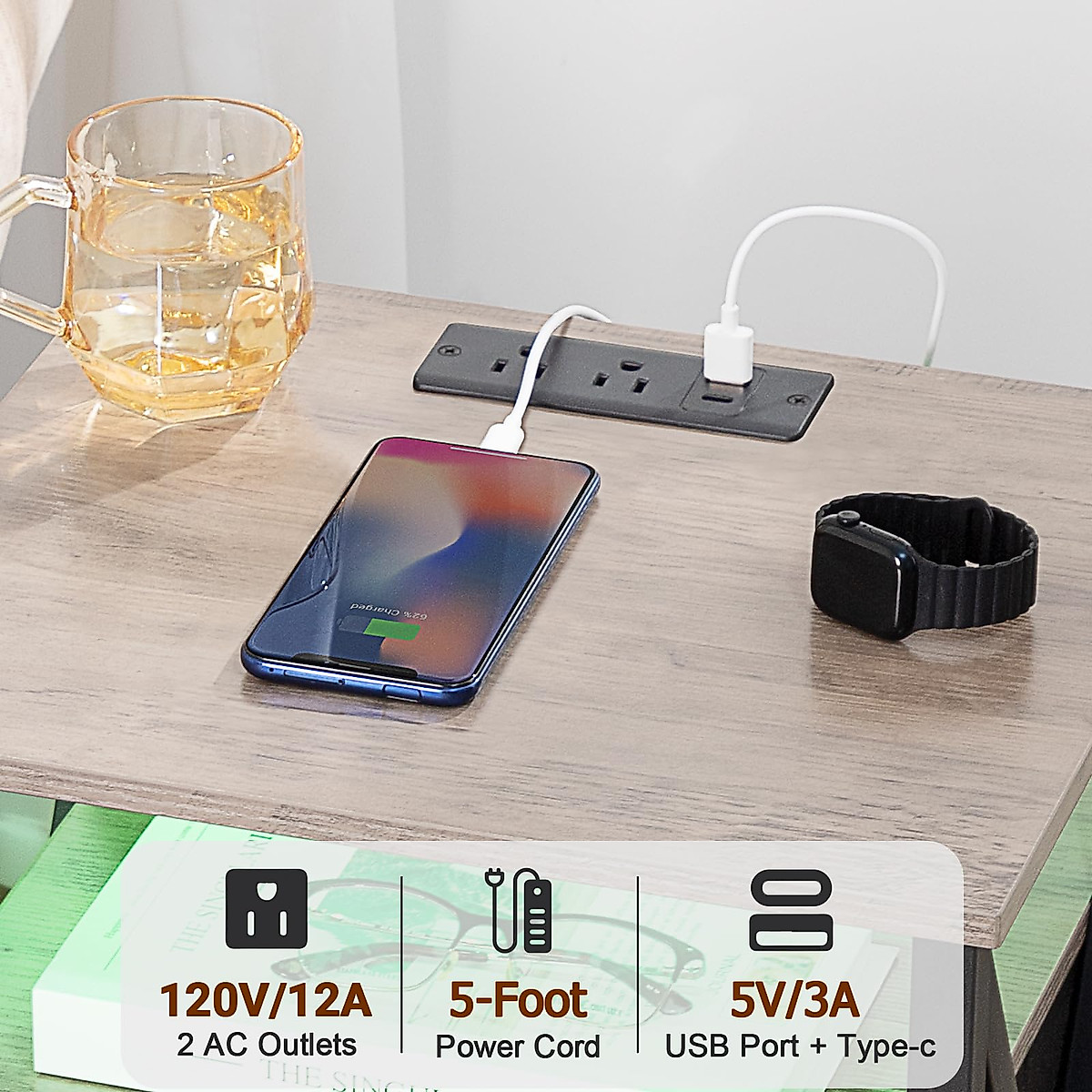 AMHANCIBLE Night Stand Set 2, LED Nightstand with Charging Station, End Side Tables with USB Port & Outlet, Bedside Table with 3 Fabric Drawers for Bedroom Living Room, Greige, HET053LGY