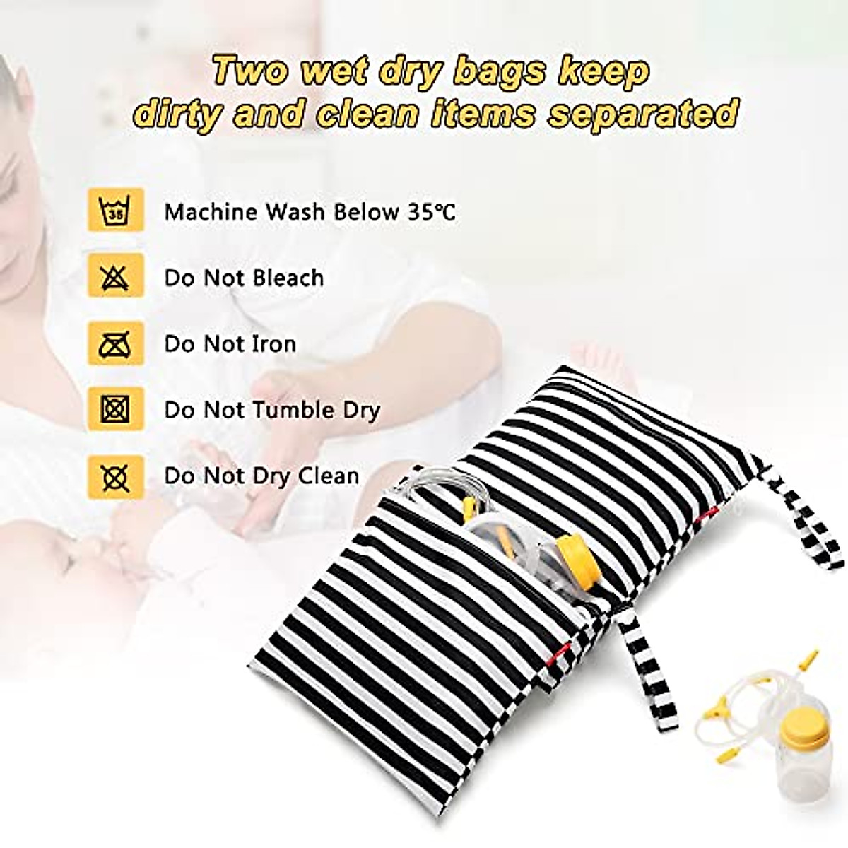 Damero Breast Pump Parts Bag, 2Pack Wet Bag for Breast Pump Parts Storage with Waterproof Mat, Black Strips