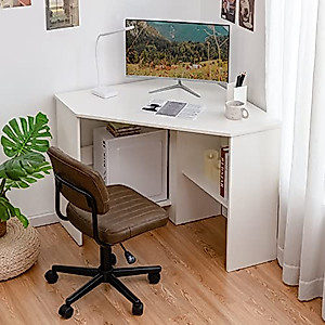 Tangkula White Corner Desk - 90 Degrees Triangle for Computer, Small Space, Bedroom, Makeup Vanity Desk with Storage Shelves & CPU Stand, Space Saving Writing Desk