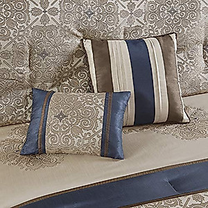 Madison Park Essentials Delaney 24-Piece Room In A Bag Comforter Set-Satin Jacquard All Season Luxury Bedding, Sheets, decorative pillows and Curtains, Valance, King (104 in x 92 in), Medallion Navy