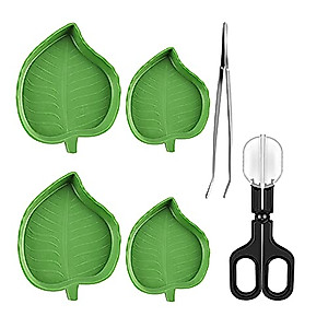 Reptile Feeding Bowl, 4pcs Leaf Reptile Water Food Feeder Bowl Worm Dish, Reptile Feeding Tongs Long Tweezers Cricket Clamp Bug Scooper Feeder Tool for Tortoise Snake Lizard Gecko Bearded Dragon