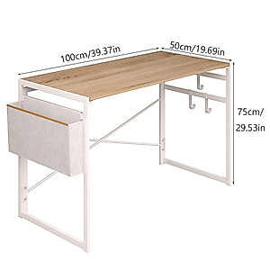JSB Folding Computer Desk with Cloth Bag Hook, No-Assembly PC Desk Modern Small Work Table Laptop Writing Desk for Home Office (35.43” x 17.7” x 29.53”, White & Cloth Bag)
