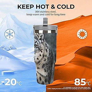 BWQJKUO Large Capacity Car Cup 30 Oz Stainless Steel Snow Leopard Printed Travel Mug Leak-proof Flip Straw Tumbler with Handle,keeps Cold Or Ho