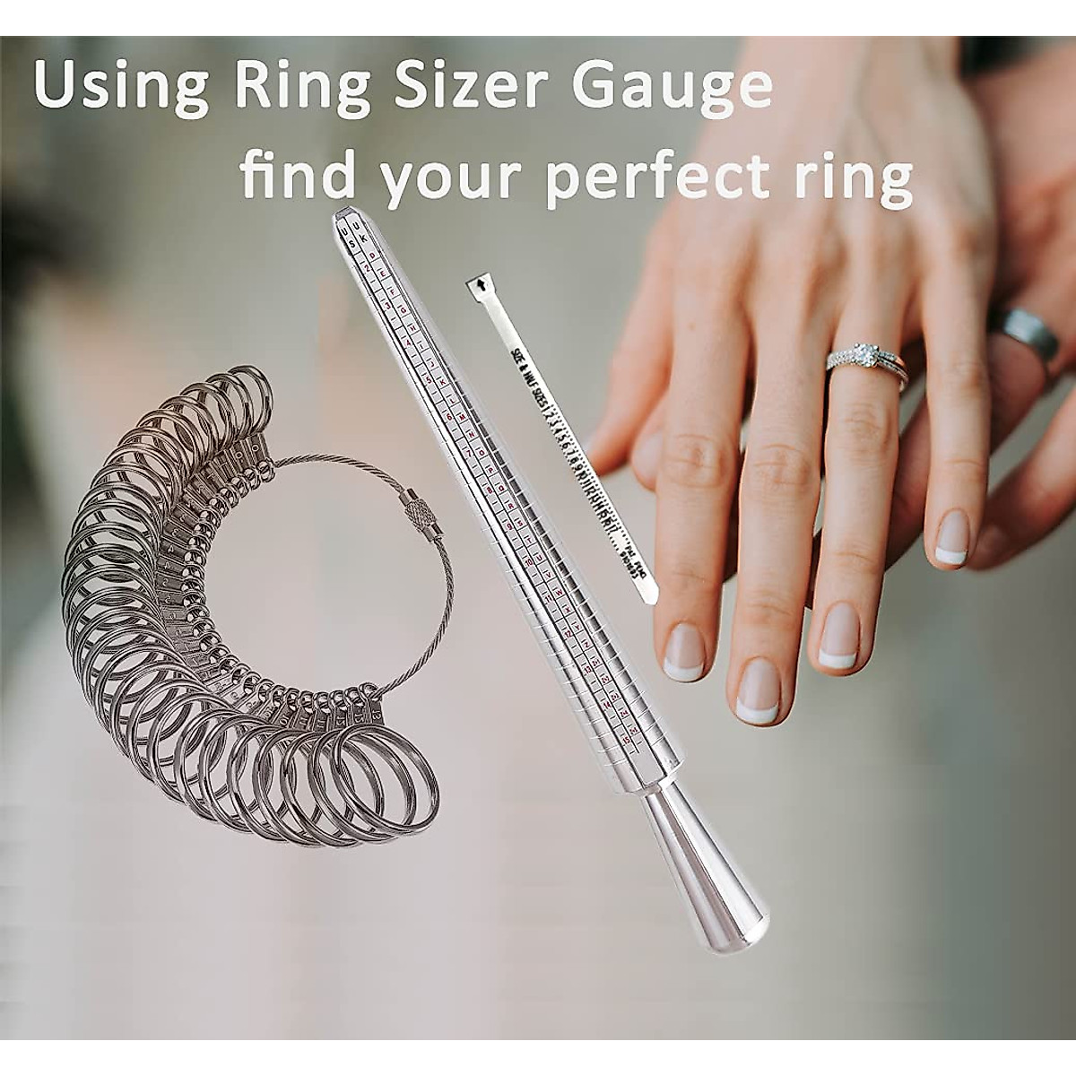 Meowoo Ring Sizer Measuring Tool Set, Ring Gauges with Finger Sizer Mandrel Ring Sizer Tools for Jewelry Sizing Measuring