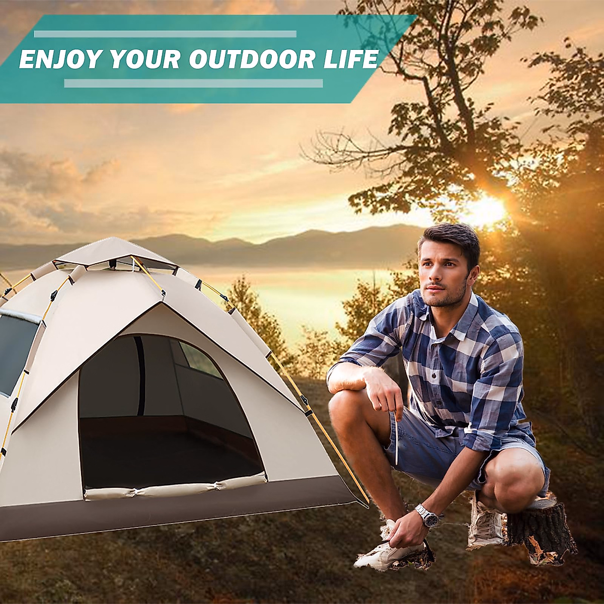 2-3 Person Camping Tent, Waterproof Family Tent for Camping, Instant Easy Up Double Layer Anti-UV 2 Windows 2 Doors-Instant Family Tents for Camping Hiking & Traveling