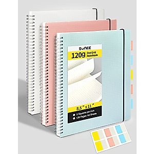 SUNEE Dotted Journal Spiral Notebook - Large Spiral Bullet Journals, 8.5" x 11", 120gsm Thick Dotted Paper, 3 Pack Dot Grid Notebook Giftable Journal for Women for School, Office, Artist Writing/Drawing, 64 Sheets, Blue, Pink, Transparent