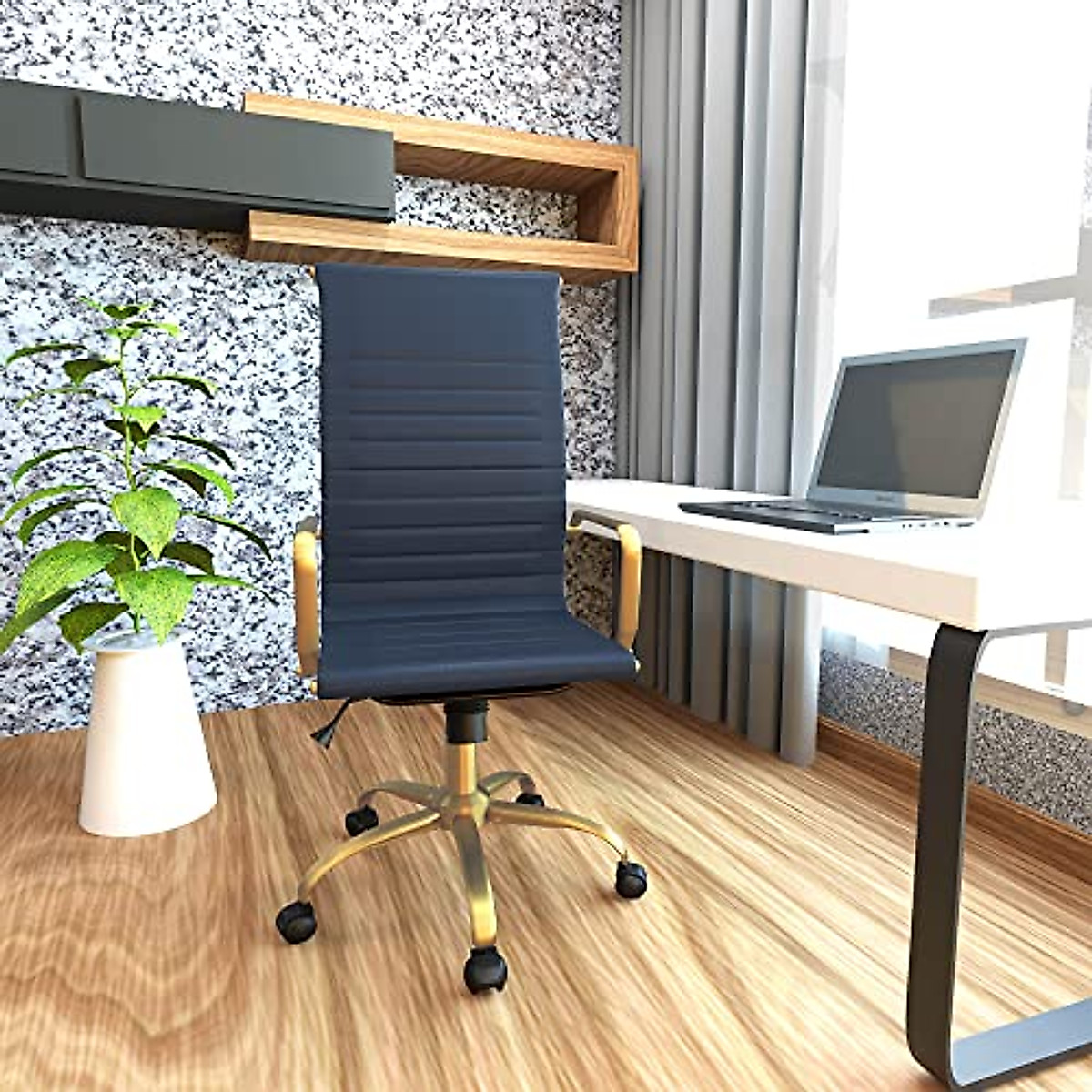 LeisureMod Harris Modern Adjustable Swivel Leather High-Back Task Office Chair with Gold Frame, Navy Blue