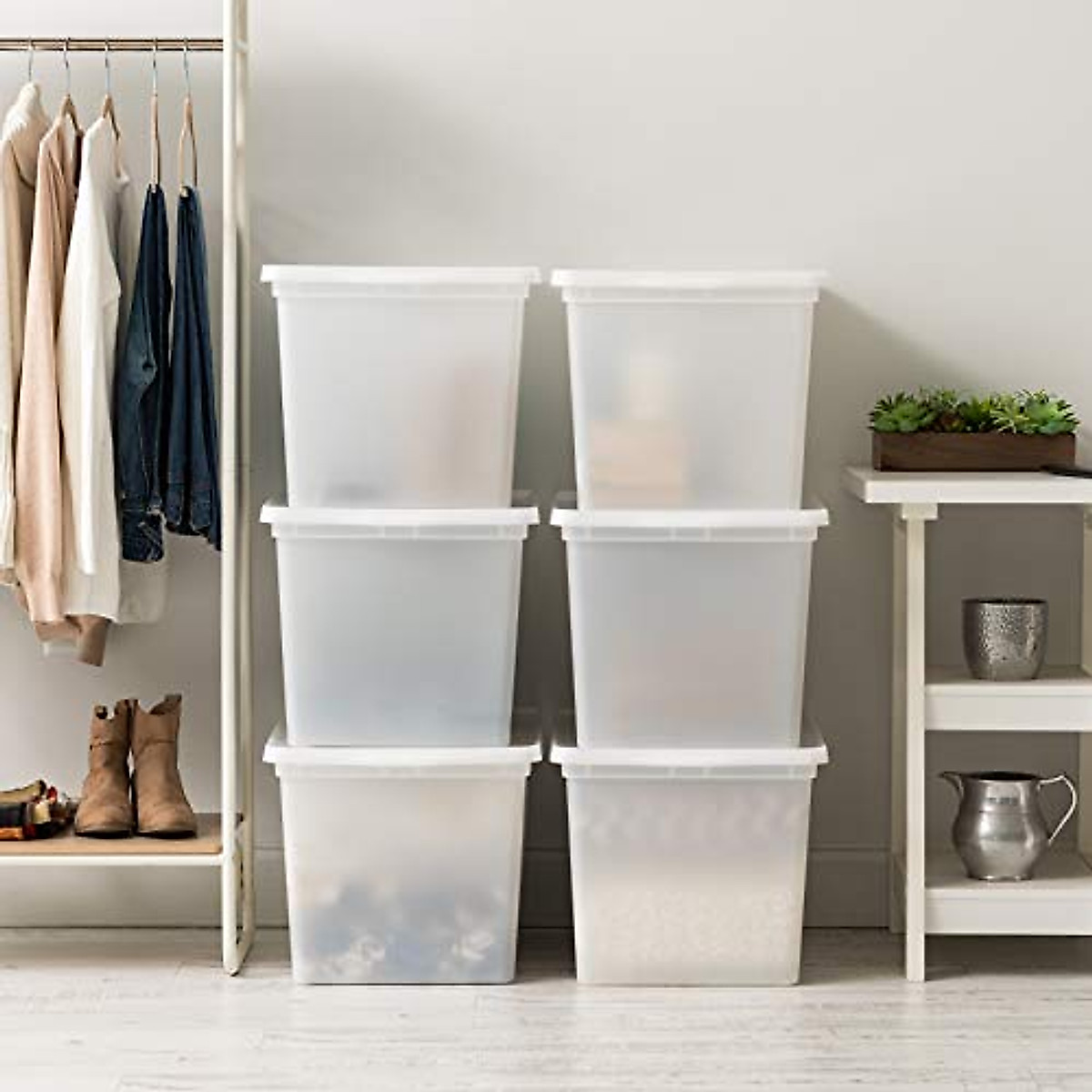 IRIS USA 68 Qt. Plastic Storage Container Bin with Latching Lid, 6 Pack, Stackable Nestable Box Tote Closet Organization School Art Supplies Towels Blankets Comforters Sleeping Bags - Pearl