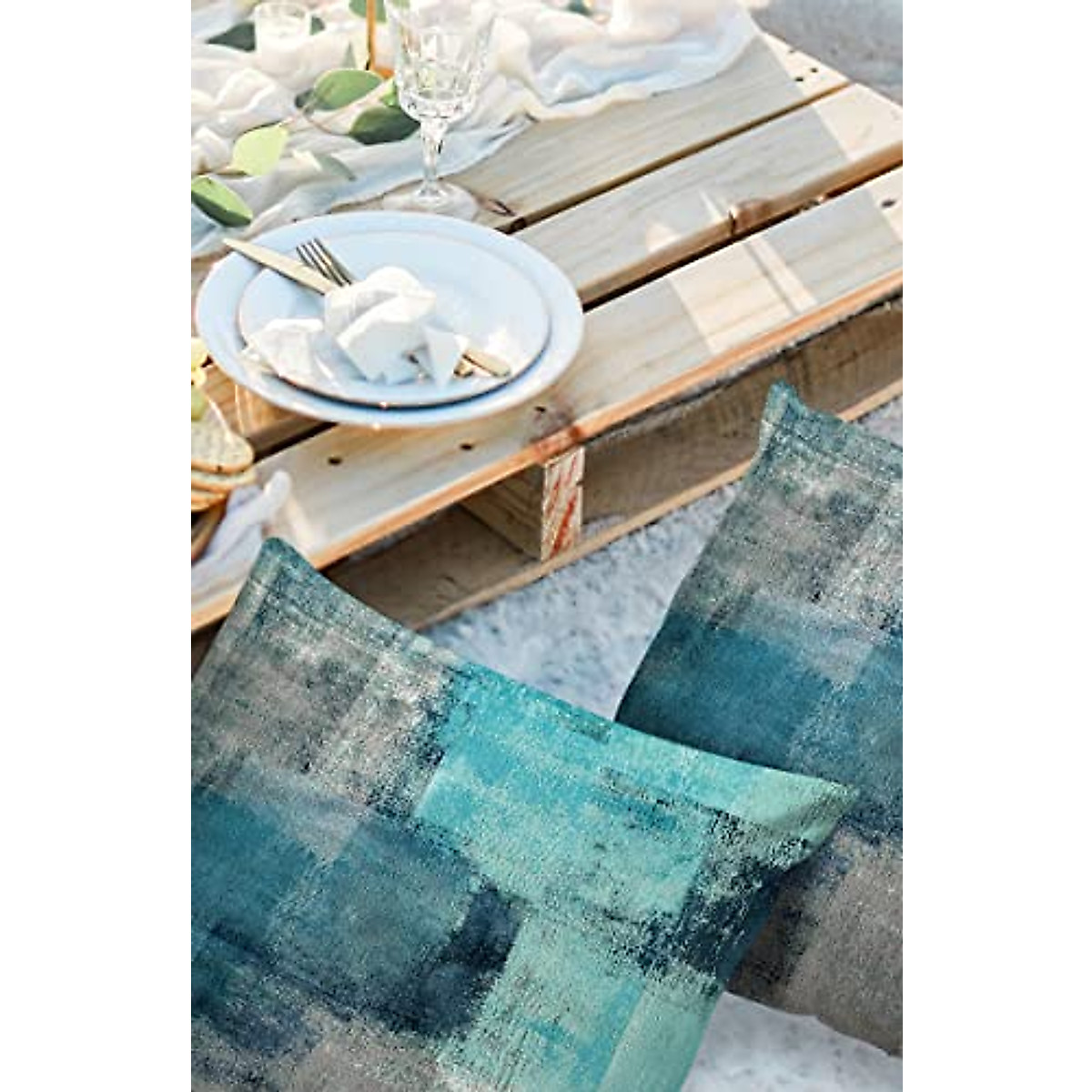 Turquoise Outdoor Throw Pillow Cover Waterproof Modern Art Abstract Painting Lumbar Pillowcases Set of 2 Teal Gray Decorative Patio Furniture Pillows for Couch Garden 18 x 18 Inches