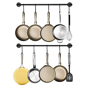 Black Steel-made Kitchen Utensil Rack Organizer Wall-mounted Pot Pan Wall Hanger Holder For Hanging Rail with 10 S Hooks