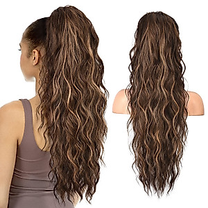 SEIKEA 26" Highlight Ponytail Extension，PT003 Eva Long Drawstring Ponytail Wavy Clip in Hair Extensions Ponytail Natural Soft Synthetic Hairpiece for Women Chocolate Brown with Blonde Highlights