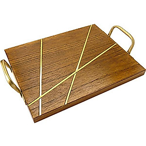 Excello Global Products 13"x17" Inlaid Wood Serving Tray with Metal Handles: Rustic Wooden Board Platter for Liquor Food Dinner Restaurant, Decorative Tray for Coffee Table