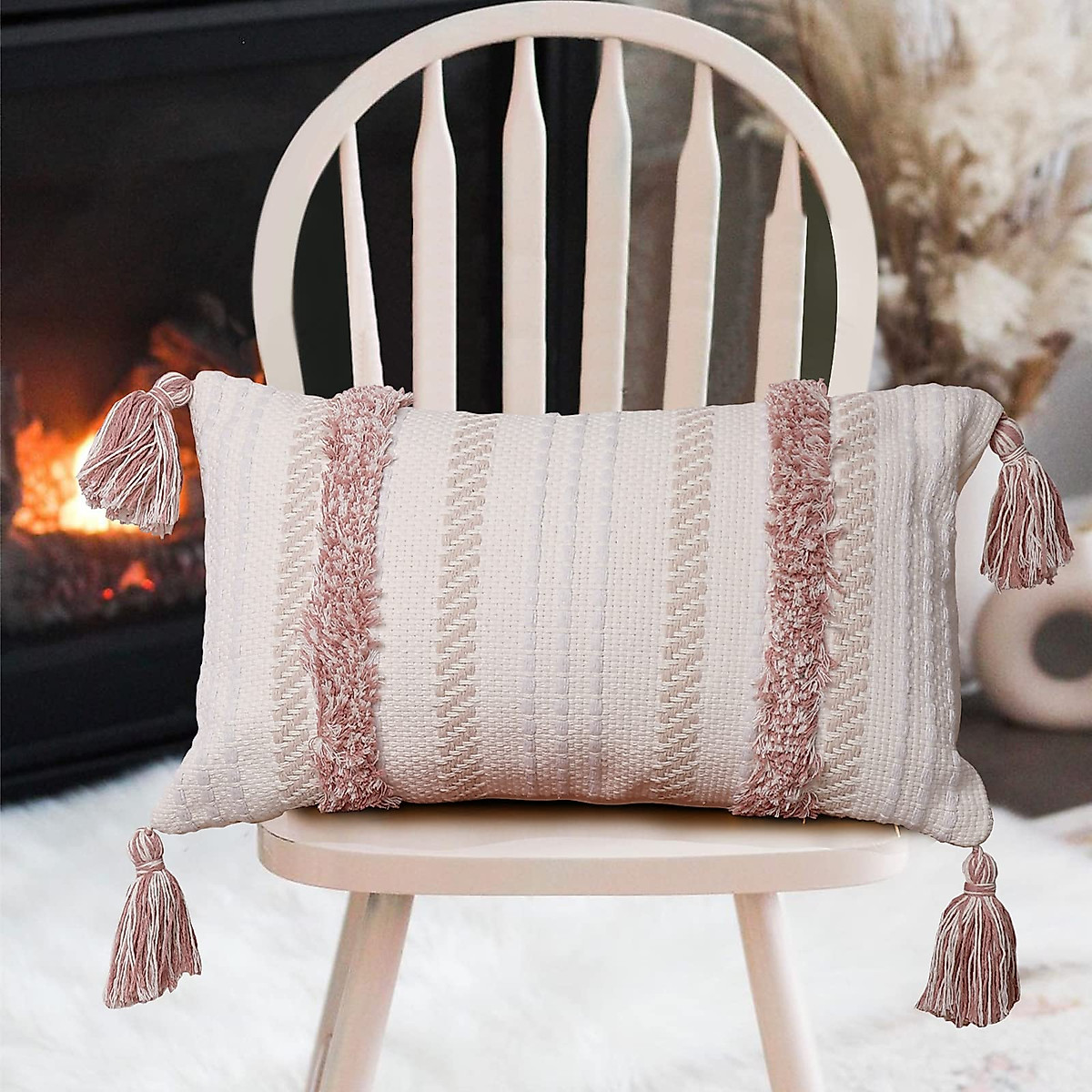 Boho Throw Pillow Covers Tufted Decorative Pillows Cover for Couch Bed Small Lumbar 12 x 20 inch Pillow Cover, Modern Accent Farmhouse Neutral Throw Pillow Case, Pink