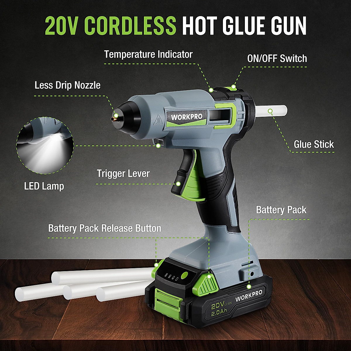 WORKPRO 20V Cordless Hot Melt Glue Gun Kit, 2.0 Ah Li-ion Battery Powered Rechargeable Full Size Hot Glue Gun, 45S Fast Preheating, Heavy Duty Wireless Glue Gun with 12 Pcs Glue Sticks for DIY & Craft