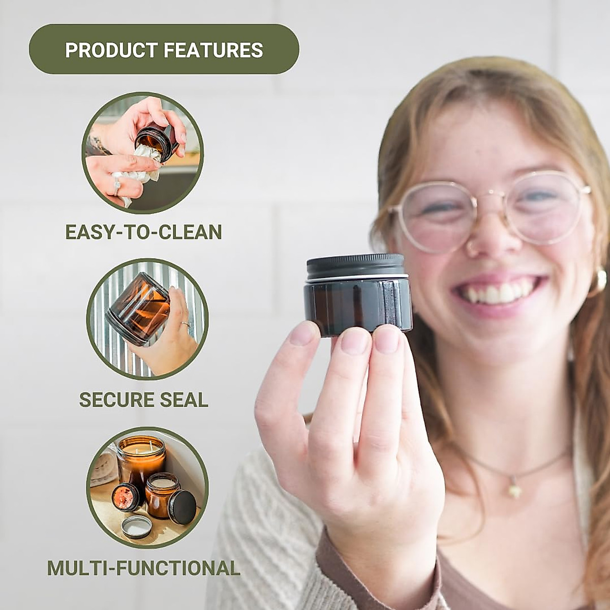 Nature Packaged Glass Amber 1oz Jar - 12 Packs, Empty Round Jars For Beauty Products, Lotion, and Powders - Black Lid - Small Candle Jars