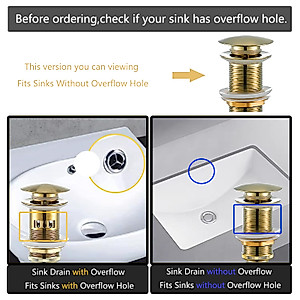 SWHYGER Bathroom Sink Pop Up Drain Without Overflow,Brass Pop Up Sink Drain Assembly Brushed Gold,83606BG.
