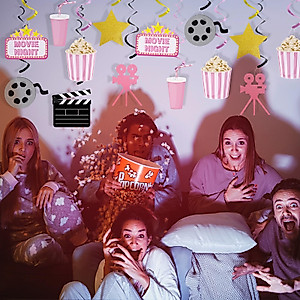 K KUMEED Movie Night Party Decorations,Pink Movie Theme Hanging Swirl Decorations,Cute Popcorn Foil Swirls Ceiling for Baby Shower Birthday Party Film Party Supplies Family Party Girls Boys