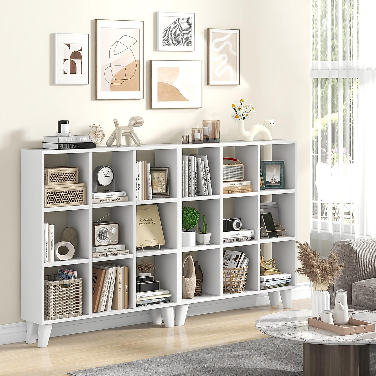 Giantex 9-Cube Open Bookcase, 3-Tier Freestanding Bookshelf with 4 Slanted Legs & 6 Removable Shelves, Modern Cubby Storage Organizer, Wood Display Book Shelf for Living Room Bedroom Study, White