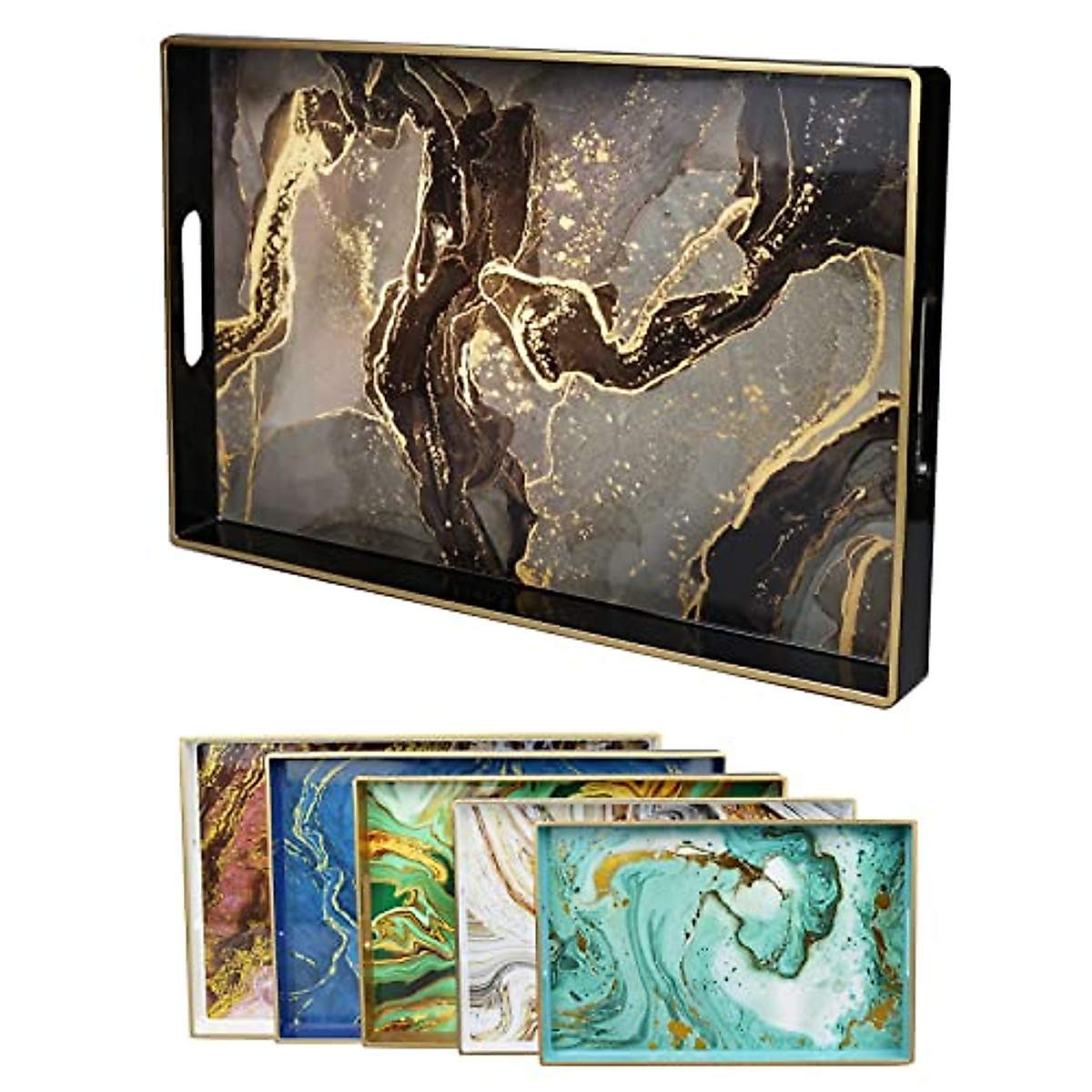 Leemxiiny Black Marbling Decorative Tray with Handles, Morden Plastic Rectangular Serving Tray for Coffee Table Bathroom, Ottoman, Home Decor, 15.7"* 10.2"* 1.38"
