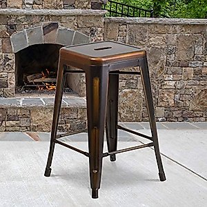 EMMA + OLIVER Commercial Grade 24" H Backless Distressed Copper Metal Indoor-Outdoor Stool