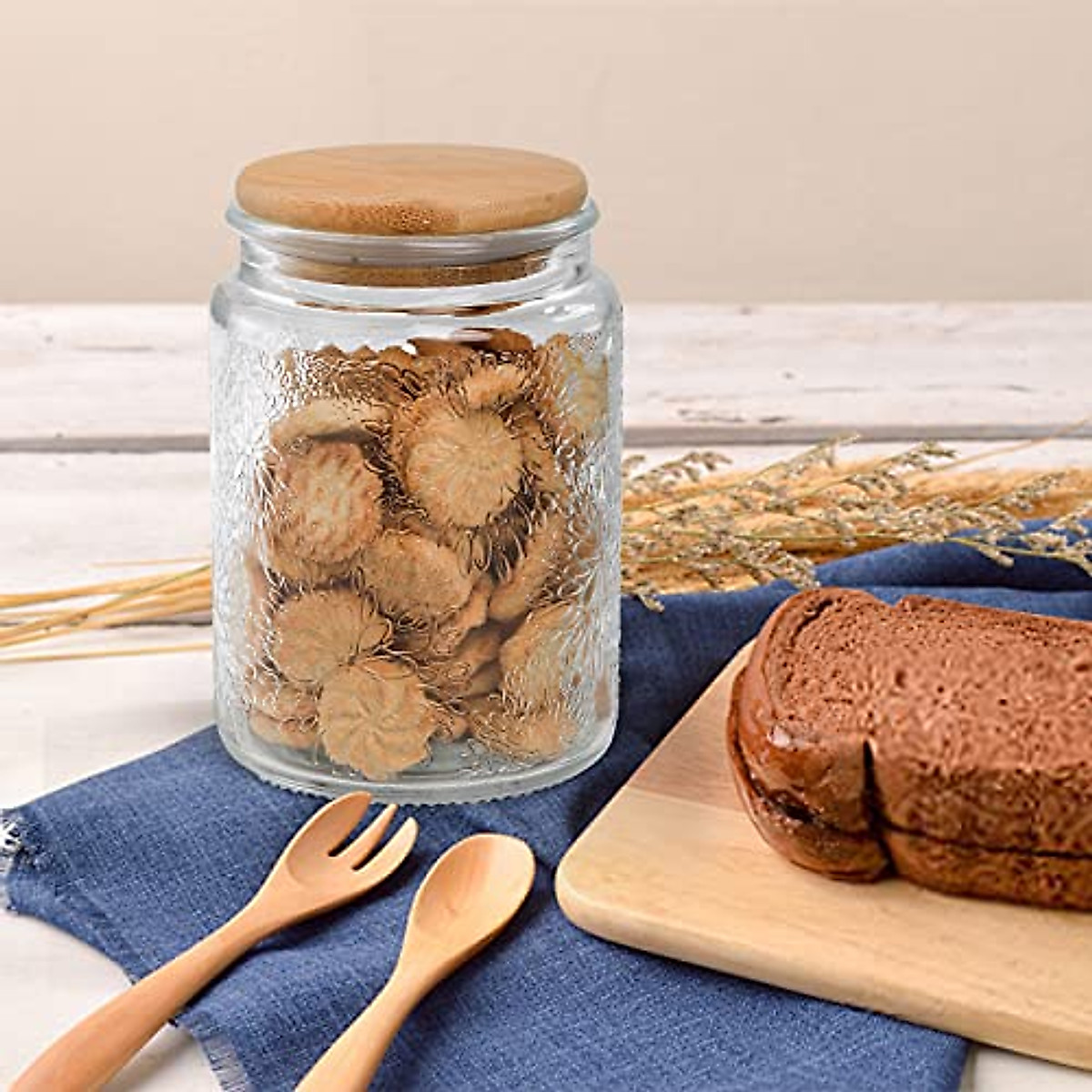 Jucoan 4 Pack 24oz Vintage Glass Jar with Lid, Retro Glass Storage Jar Canister with Airtight Wooden Lid, Glass Canister Container for Coffee Beans, Dried Food, Kitchen Pantry