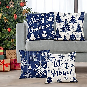 Harraca Christmas Pillow Covers 16x16 Set of 4, Christmas Decorations Throw Pillows, Christmas Pillows Decorative Throw Pillows, Blue Christmas Pillow Covers
