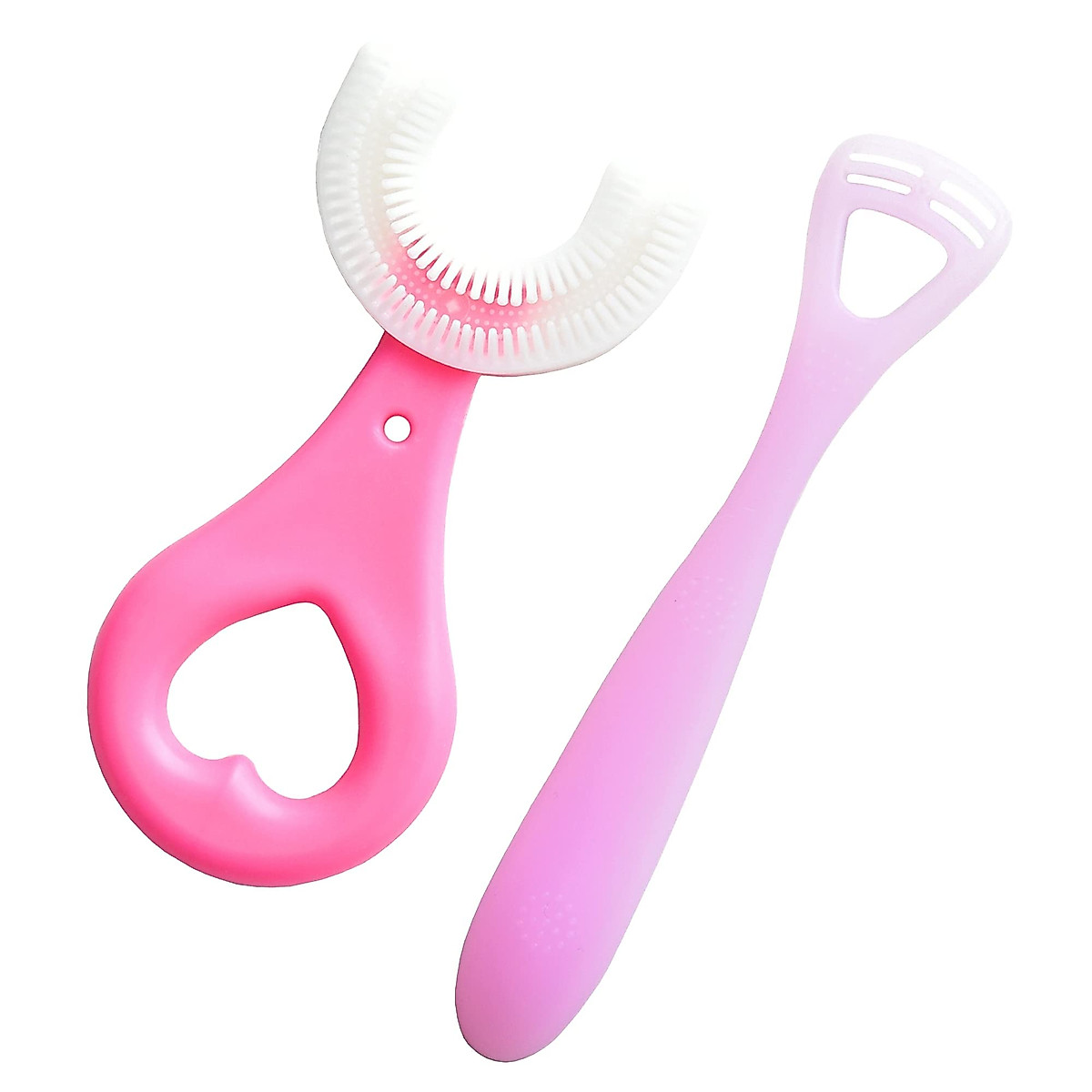 [2PC] Kids U Shaped Tooth Brush Safe Brushing For Teeth and Gums with Silicone Soft Tongue Scraper Cleaner [Ages 2-6] PINK