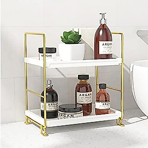 FSyueyun 2-Tier Makeup Shelf Organizer, Kitchen Spice Rack or Bathroom Countertop Organizer Vanity Bedroom Storage Tray (Gold)