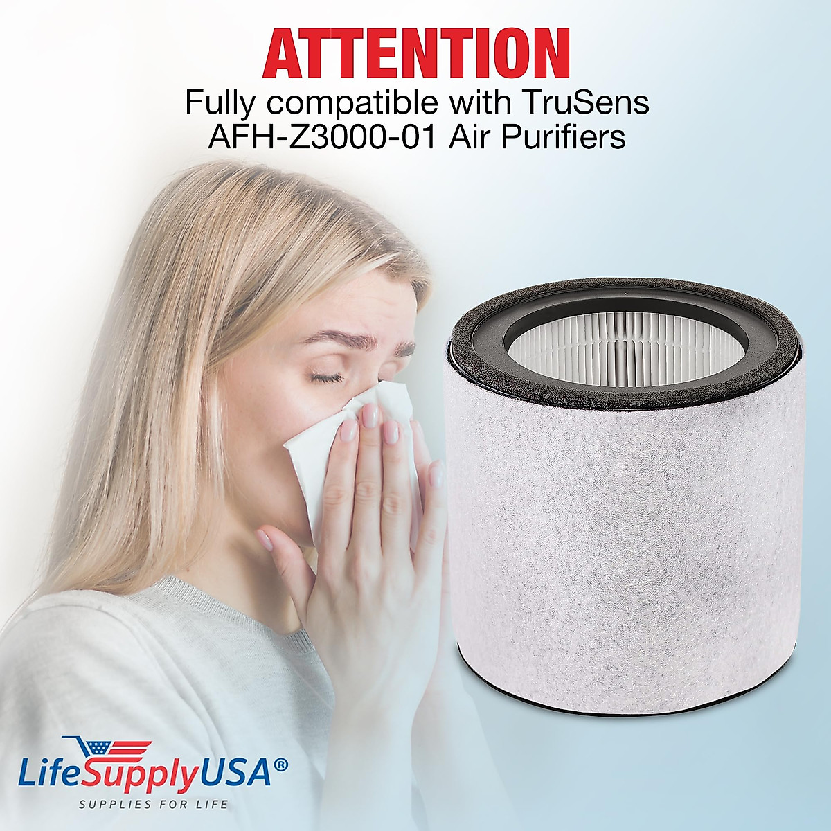 LifeSupplyUSA 3-in-1 True HEPA Air Cleaner Replacement Filter + Pre-Filter + Carbon Filter Compatible with TruSens AFH-Z3000-01 Air Purifiers