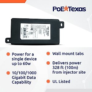 Poe Texas 60 watt PoE Injector - 802.3bt PoE++ Single Port 4-Pair Power Over Ethernet Injector - Active PoE Adapter with 55V 60W Output - 10/100/1000 Gigabit Data - Mode A/B Wall Mount Plug & Play