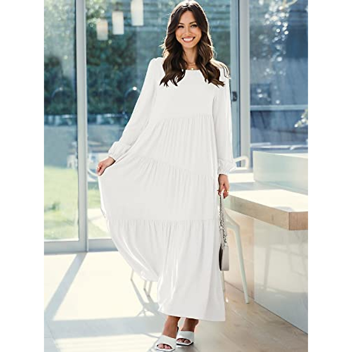 ANRABESS Women’s Boho Casual Loose Puff Long Sleeve Crewneck Asymmetric Tiered Beach Maxi Long Dress 596bai-S White
