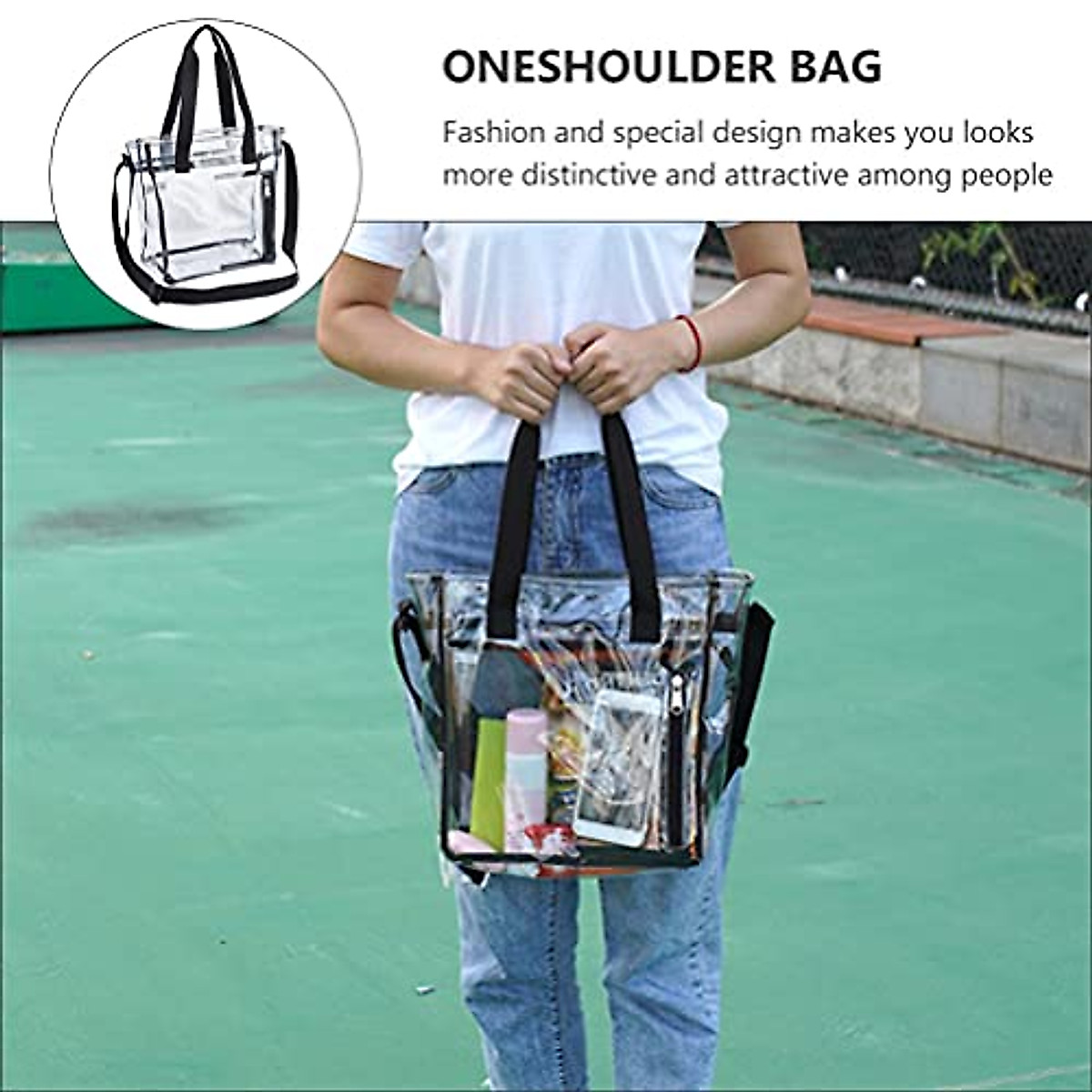SHERCHPRY Clear Tote Bag with Zipper Closure, Crossbody Messenger Shoulder Bag, PVC Clear Cross- Body Purse with Adjustable Strap for Work, School, Exam, Gym, Stadium