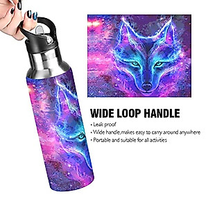 Wolf Galaxy Water Bottle Kids Thermos Bottle with Straw Lid Wolf Print Galaxy Insulated Stainless Steel Water Flask for Sport Gym Outdoor 20 oz